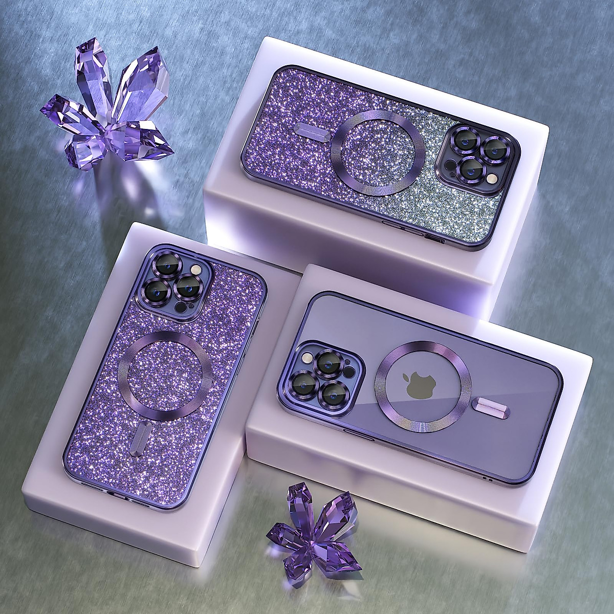 QVLANG Magnetic Clear Case for iPhone 14 Pro Max Case [Compatible with MagSafe] [Full Camera Lens Protection] [2 Replaceable Glitters] Luxury Shiny Cover for Women Girls (6.7") - Deep Purple