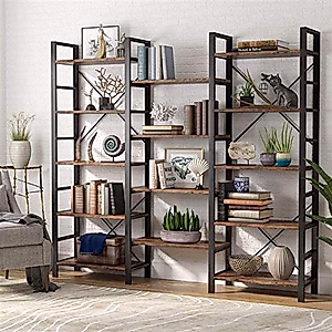 YELITE Triple Wide 5-Shelf Bookcase, Etagere Large Open Bookshelf Vintage Industrial Style Shelves Wood and Metal bookcases Furniture for Home & Office, Retro Brown