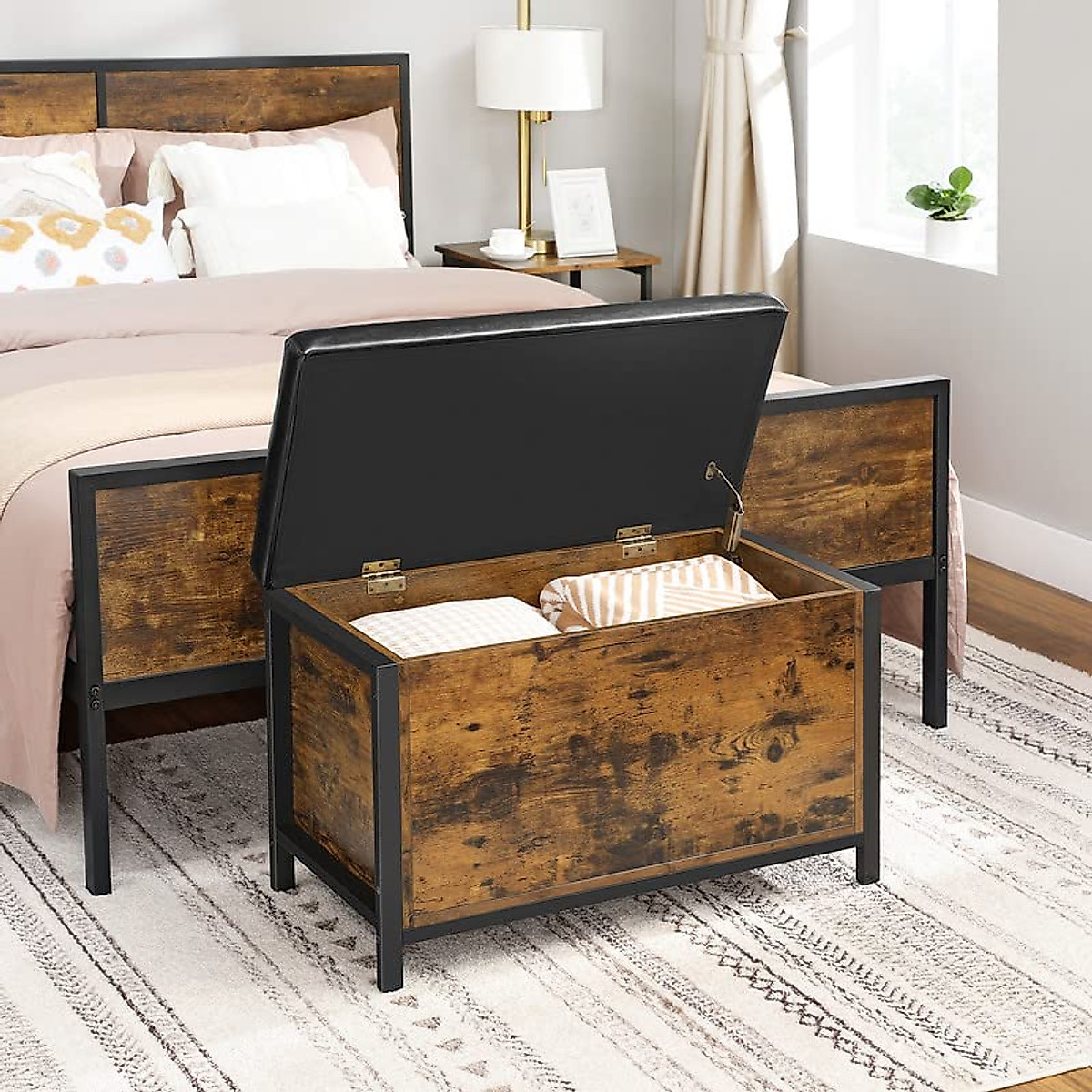 VASAGLE Entryway Storage Bench, Flip Top Ottoman and Trunk with Padded Seat, Bed End Stool, Supports 198 lb, 31.5”L x 15.7”W x 19.7”H (80 x 40 x 50 cm), Rustic Brown + Black