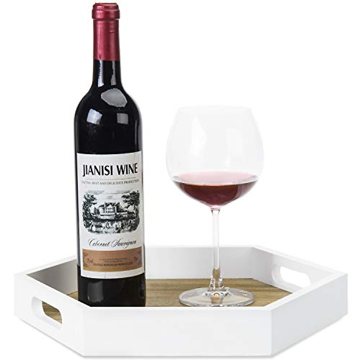 MyGift Hexagonal White Wood Decorative Tray with Handles and Burnt Wood Base, Geometric Serving Tray Ottoman Breakfast Tray