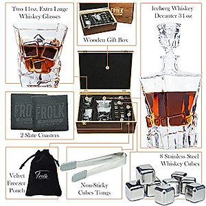 Whiskey Decanter and Stones Gift Set for Men - Whiskey Decanter, 2 Rocks Whiskey Glasses, 8 Stainless Steel Whisky Cubes, 2 Slate Coasters, Special Tongs & Freezer Pouch in Pinewood Gift Box