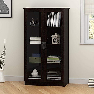 Thaweesuk Shop Espresso Wooden Tempered Glass Door Bookcase Bookshelf Media Cabinet Display Storage Shelving 4 Tier Storage Rack Furniture Home Office 53.1" H x 29.5" W x 15.6" D