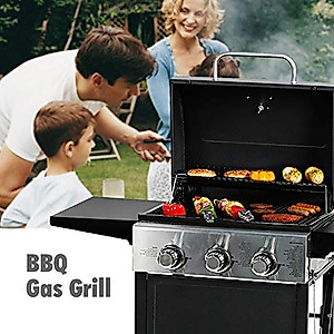 MASTER COOK 3 Burner BBQ Propane Gas Grill, Stainless Steel 30,000 BTU Patio Garden Barbecue Grill with Two Foldable Shelves