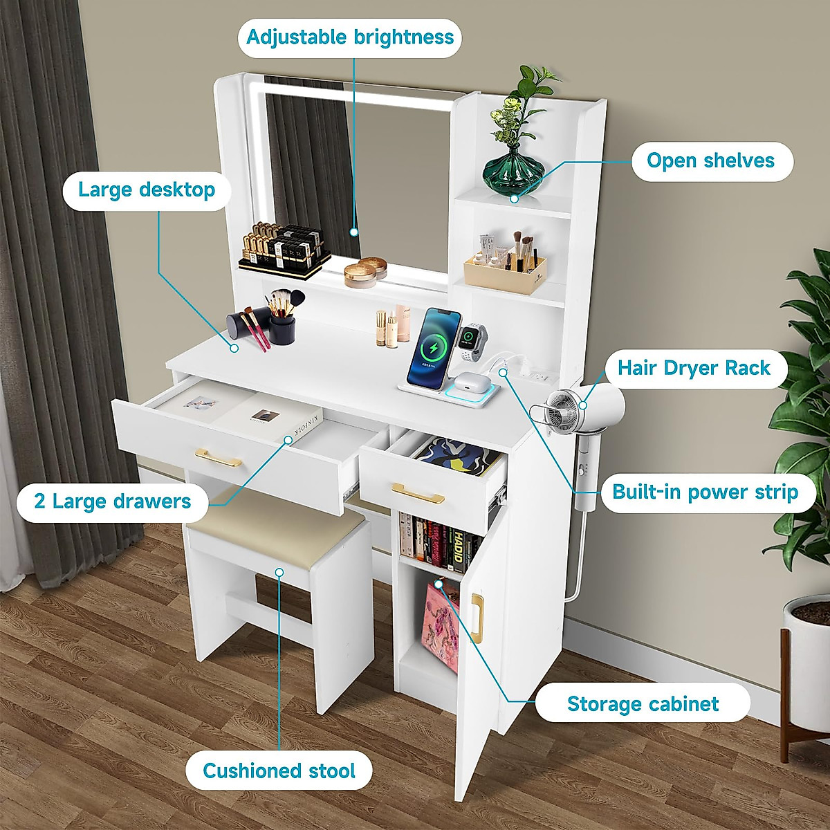 QUALIKRAFT Vanity Set, Vanity Desk with Mirror and Lights, Vanity Desk with Drawers, Vanity with Charging Station, Vanity with Chair, Vanity with Storage, White Vanity, Makeup Vanity，Bedroom Vanity