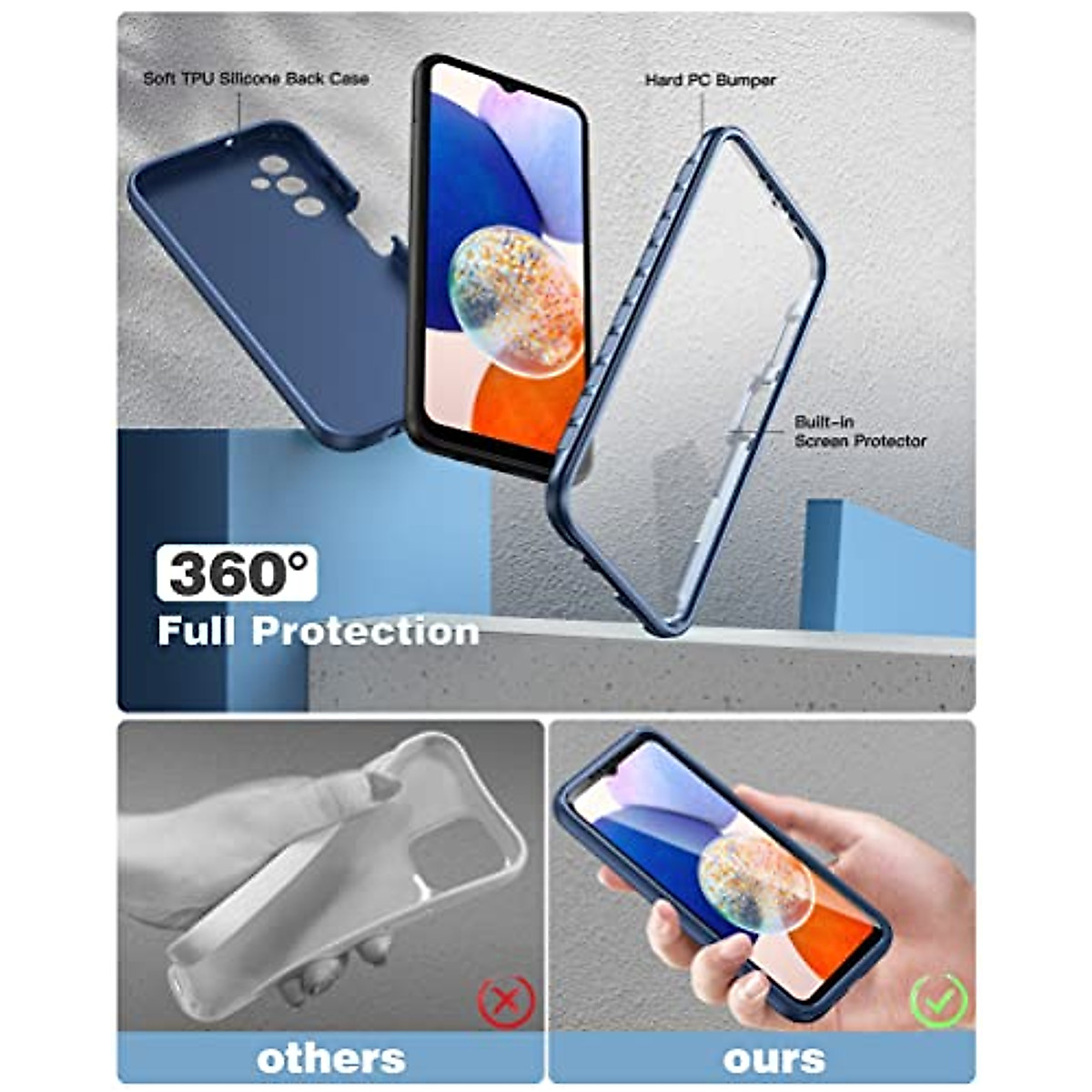 FNTCASE for Samsung Galaxy A14 5G Case: Shockproof Silicone Protective Phone Case with Built-in Screen Protector - Slim Dual Layer Rugged Durable Drop Proof TPU Protection Cover (Navy Blue)