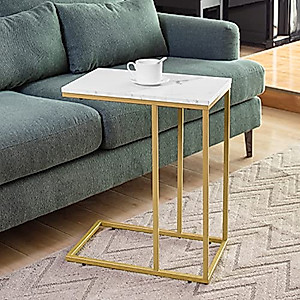 PrimeZone C Shaped Side Table - Faux Marble Narrow End Table for Sofa Couch & Living Room, TV Tray Table, 19" W x 12" D x 23" H, Gold Frame
