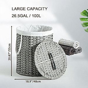 KUREEISE Laundry Basket with Lid, Handwoven Rattan Laundry Hamper, No Install Needed, 26.5 Gal (100L) Round Clothes Hamper with Removable Bag & Handles, Foldable Storage Basket