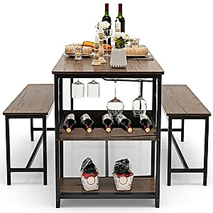 Giantex Dining Table Set for 4, 3-Piece 55” Kitchen Table Set w/ 2 Benches, Breakfast Table w/Wine Rack & Glass Holder, Space-Saving Dinette Set for Dining Room, Kitchen, Apartment (Rustic Brown)