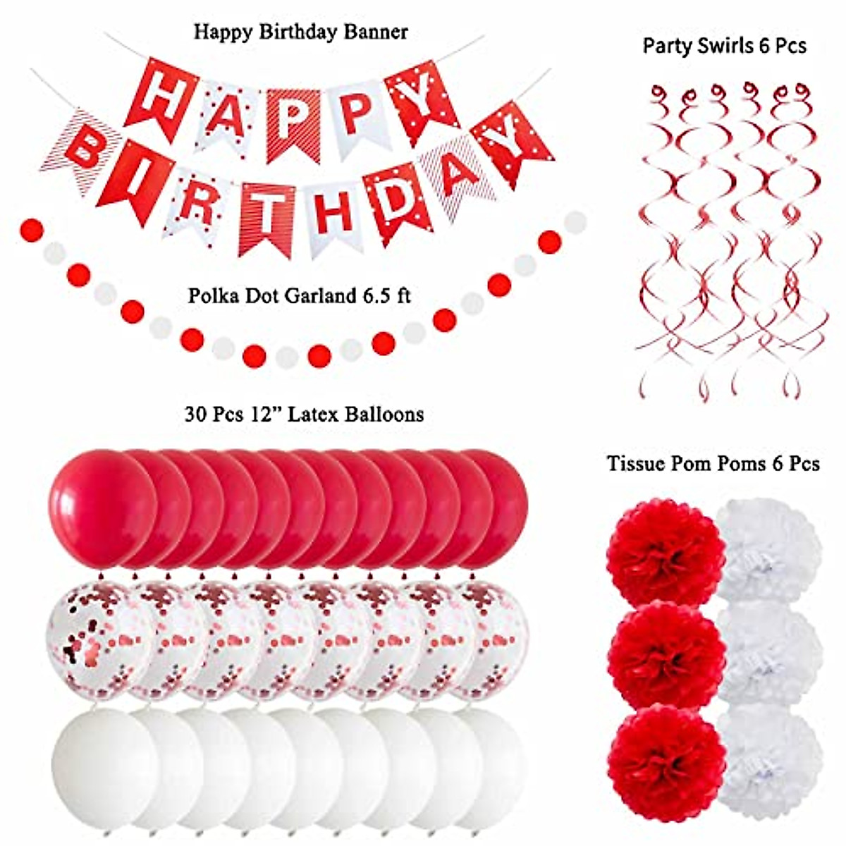 ANSOMO Red and White Happy Birthday Party Decorations with Banner 30 Pcs Balloons
