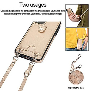 Jaorty PU Leather Wallet Case for iPhone 11 Pro Max Necklace Lanyard Case Cover with Card Holder Adjustable Detachable Anti-Lost Neck Strap for Apple iPhone 11 Pro Max 6.5",Gold