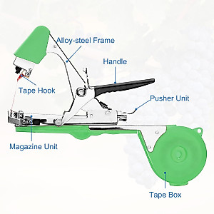 FUNTECK Plant Tying Machine for Grapes, Raspberries, Tomatoes and Vining Vegetables, Comes with Tapes, Staples and Two Replacement Blades,Green