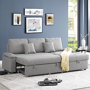GOOD & GRACIOUS Sectional Sleeper Sofa Couch with Pull Out Bed, L Shaped Modern Sectional Sofa Bed with Chaise Lounge and Storage Function for Living Room, 34.65" x 32.68" x 86.61", Light Gray