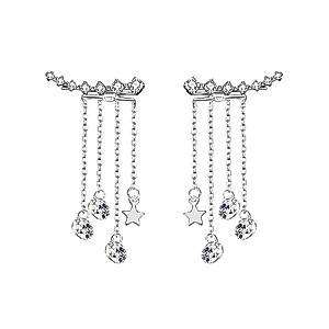 SLUYNZ 925 Sterling Silver 7 Crystals Cuff Earrings Tassell Chain for Women CZ Crawler Earrings Chain Climber Earrings (A-Silver)