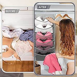 Tatuo 10 Pcs Large Hanging Socks Bra Underwear Organizer with Rotating Metal Hanger Dual Sided Closet Hanging Bra Organizer Space Saver Wall Shelf Wardrobe Mesh Pockets Hanging Storage Bag, Grey