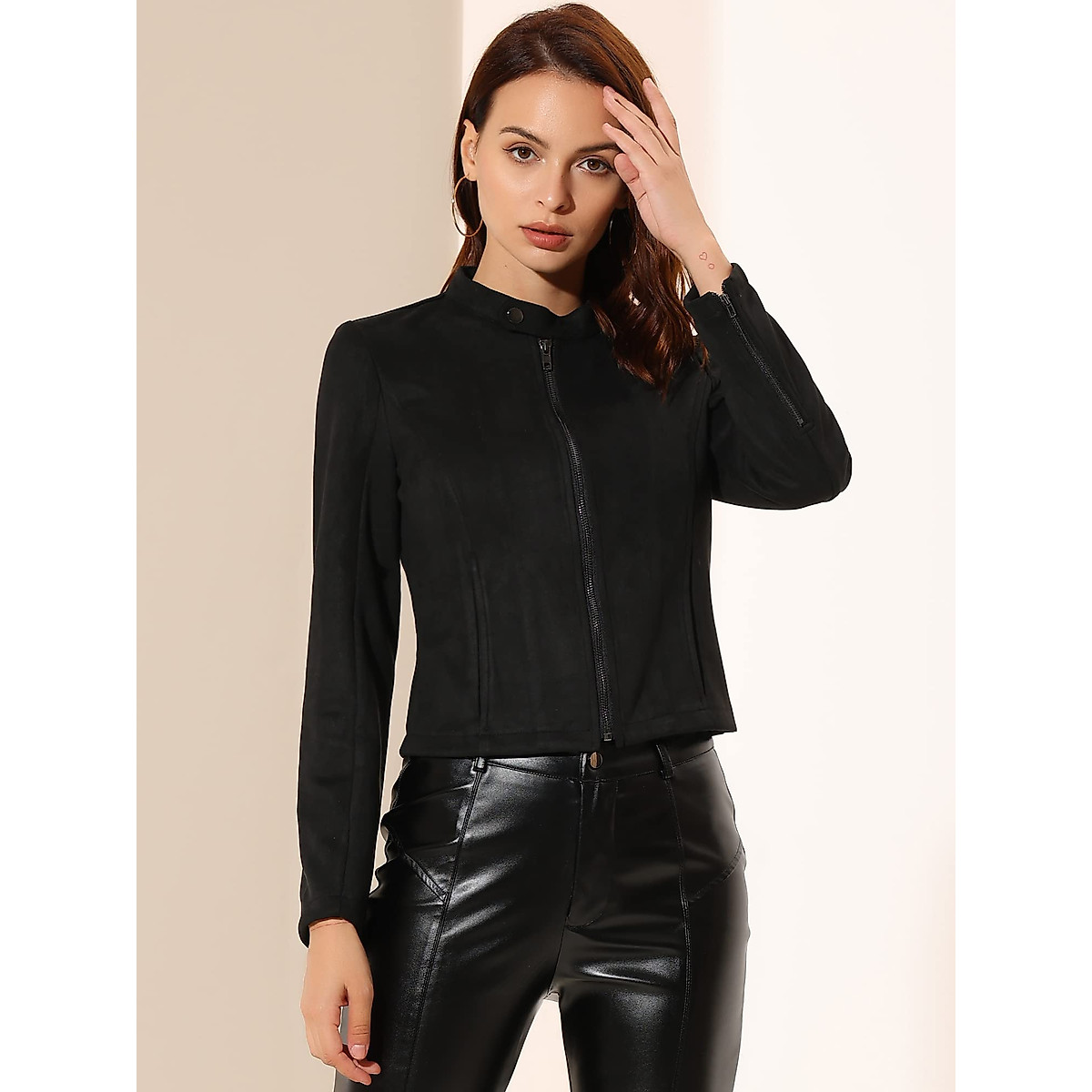 Allegra K Women's Faux Suede Jacket Stand Collar Zip Up Long Sleeve Motorcycle Biker Coat X-Large Black