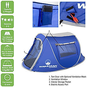 2 Person Pop Up Tent with Dual-Layer Door and Carry Bag - Water-Resistant Tent for Camping, Hiking, or Beach Use by Wakeman Outdoors (Blue)