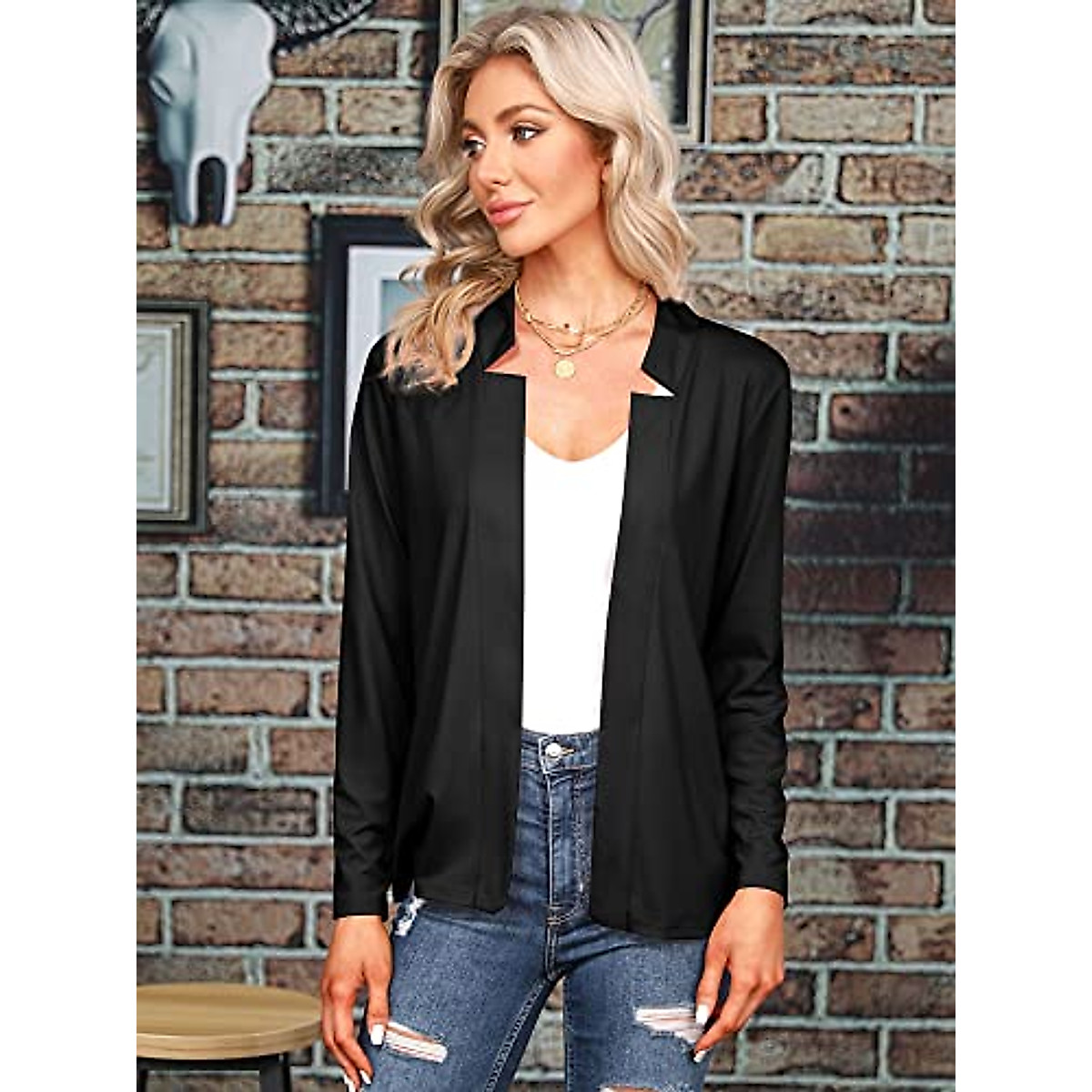 RMCMS Womens Blazer Cropped Open Front Dress Jacket Lightweight Stand Collar Casual Office Suit Jacket Black