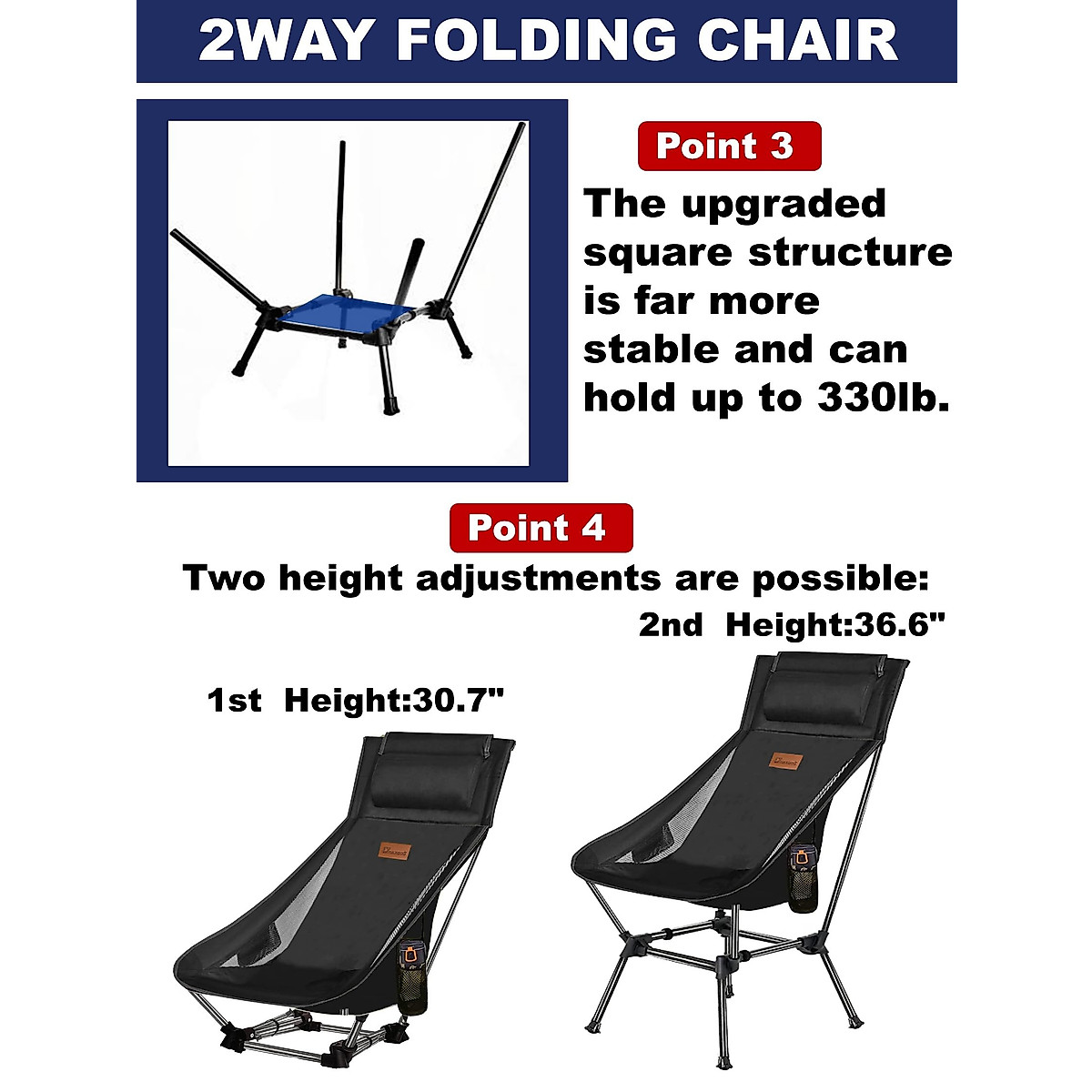 DRAXDOG Oversize Camping Chair, Minimalist Style, Carbon Steel Frame, Black, Large, Adult, Outdoor, 5.5 lbs, 330 lbs Max Weight, Foldable, Easy Setup, Practical, Comfortable, Versatile Uses