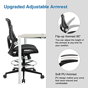 Mid-Back Ergonomic Drafting Chair,Mesh High Desk Chair,Counter Height Desk Chair,Tall Office Chair with Adjustable Foot Ring,Standing Desk Chair with Lumbar Support and PU Arms(Black)