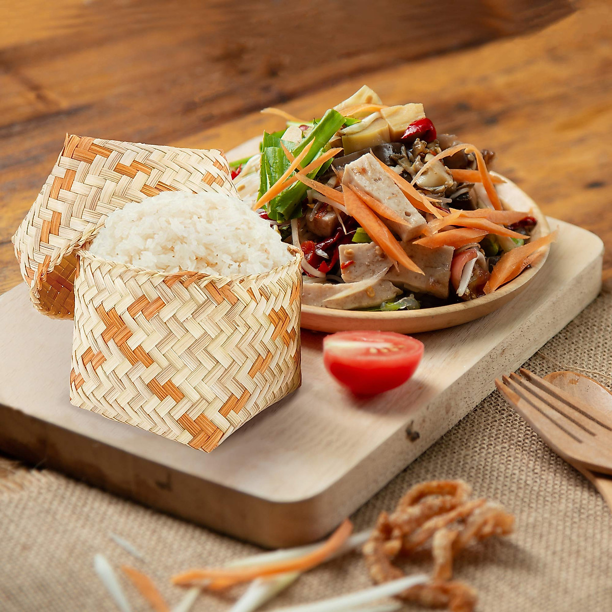 PANWA Mini Bamboo Sticky Rice Serving Basket- Handmade 100% Eco-Friendly Thai Mini Wickerwor Kratips- 4 piece set- Food Safe (Saffron)