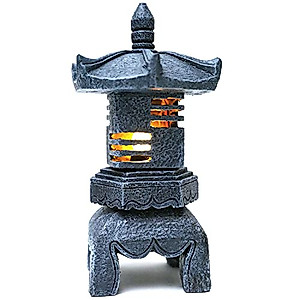 MIBUNG Solar Pagoda Lantern Outdoor Statue, Peaceful Pagoda Sculpture with Solar Lotus Light, Asian Decor Zen Garden Art Japanese Temple Pagoda Lamp for Patio Yard Lawn Home Decorations