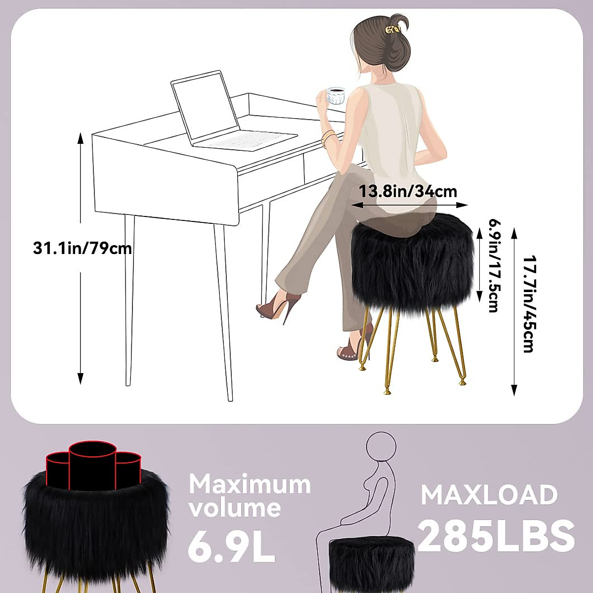 RunLexi Vanity Stool Chair with Storage, Faux Fur Makeup Room Seat Stool, Soft Padded Seat, Round Footrest Footstools with 4 Metal Legs & Adjustable Footings, Vanity, Bathroom, Bedroom Chairs Black