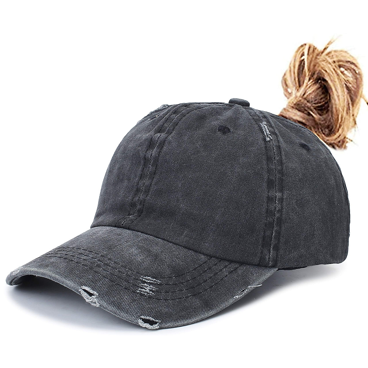 Leotruny Women Washed Cotton High Ponytail Baseball Cap (C08-Distressed Black)