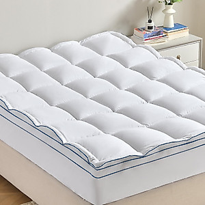 Cosmoluxe Mattress Topper Queen (80"x60"), 2 Inch Pillowtop Mattress Topper for Back Pain, Down Alternative Mattress Pad Cover with 8~21 Inch Deep Elastic Pocket, Navy Piping