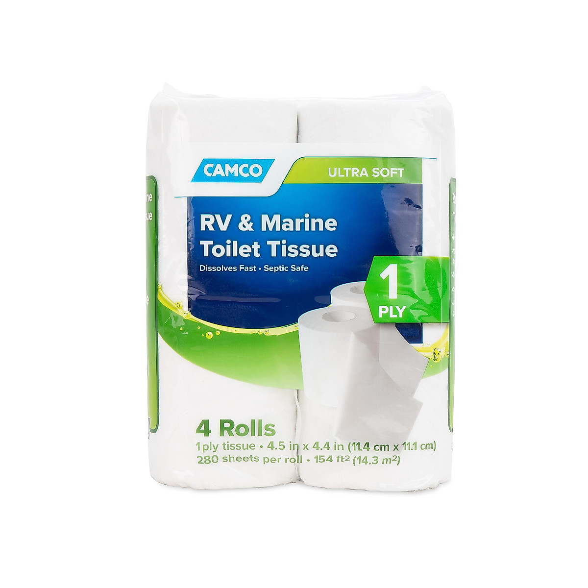 Camco Marine & RV Toilet Paper - 4-Rolls - 1-Ply Quick Dissolve RV & Marine Septic Safe Bath Tissue - Dye & Fragrance Free - 280 Sheets Per Roll (40275)