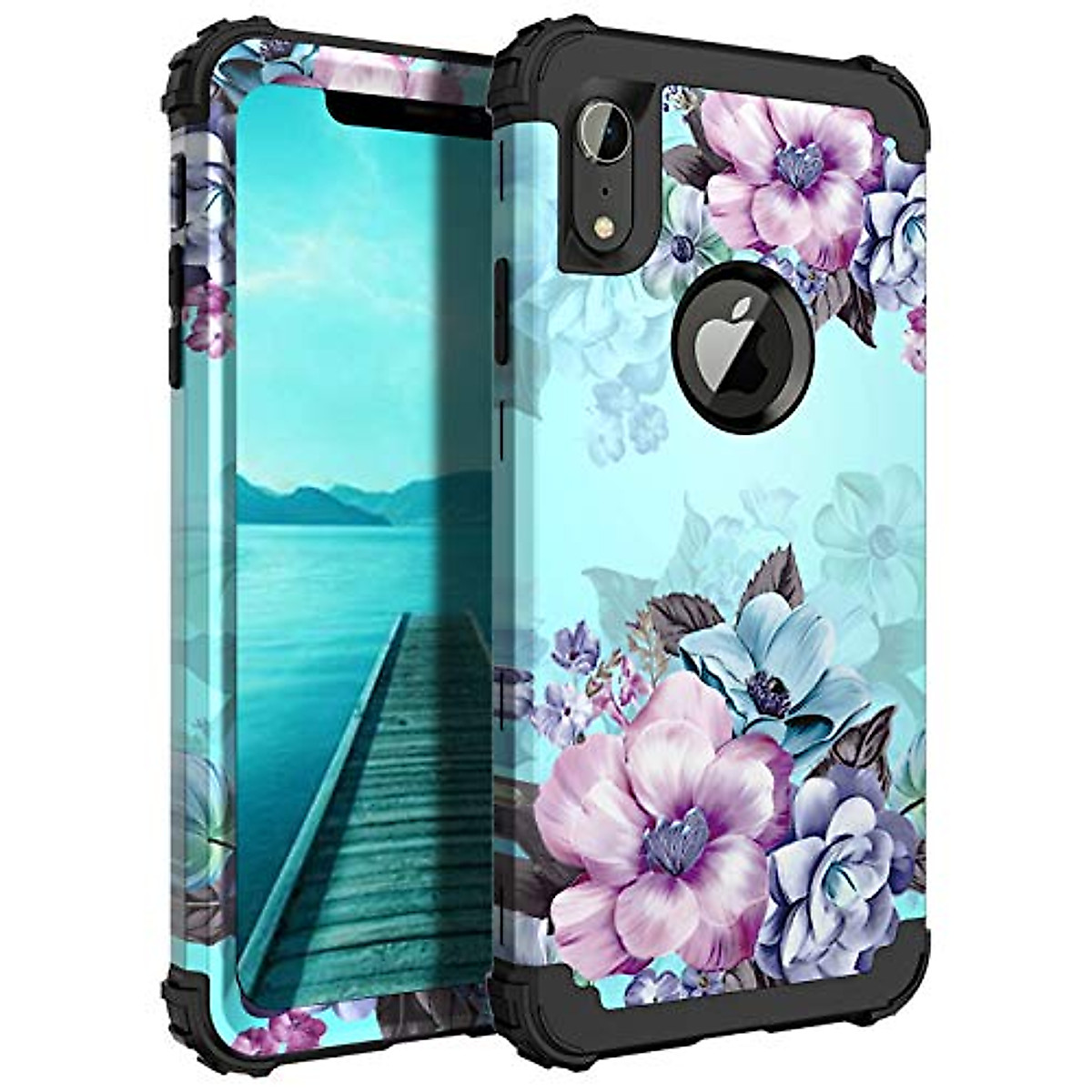 Casetego Compatible with iPhone XR Case,Floral Three Layer Heavy Duty Hybrid Sturdy Shockproof Full Body Protective Cover Case for Apple iPhone XR 6.1 inch,Blue Flower