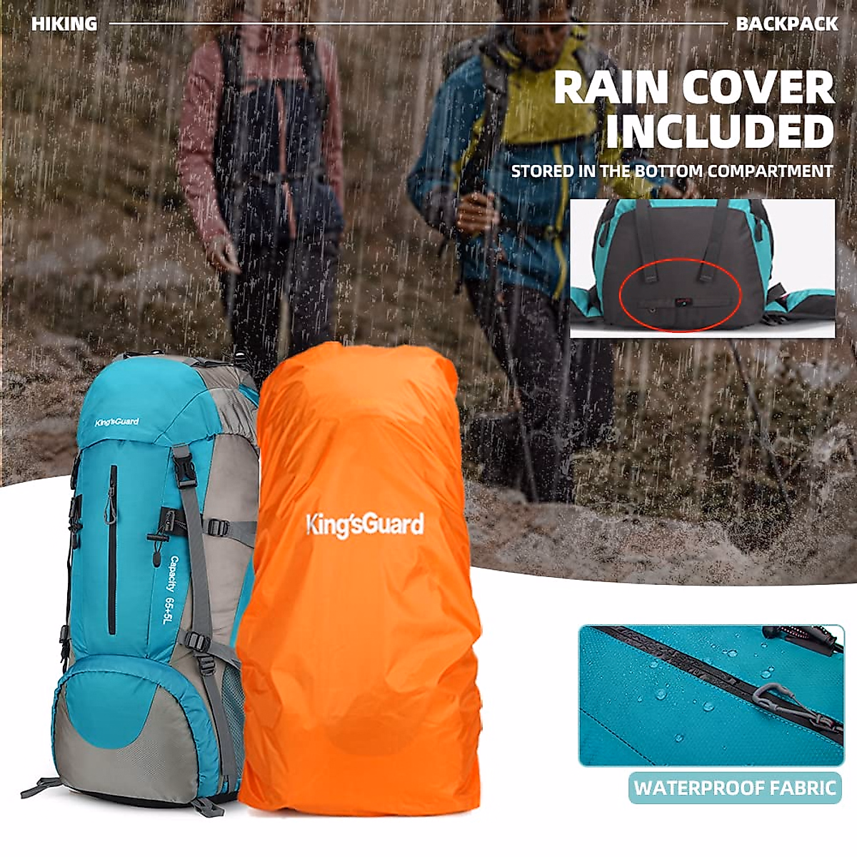 King'sGuard 70L Hiking Backpack Large Lightweight Waterproof Camping Backpack Travel Backpacking Backpack Daypack with Rain Cover -Frameless (Lake Blue)