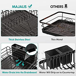 MAJALiS Dish Drying Rack with Drainboard Set, Large Dish Drainers for Kitchen Counter, Stainless Steel Drying Rack with Utensil Holder and Dryer Mat, Kitchen Dish Strainer Rack (Black - One Tier)