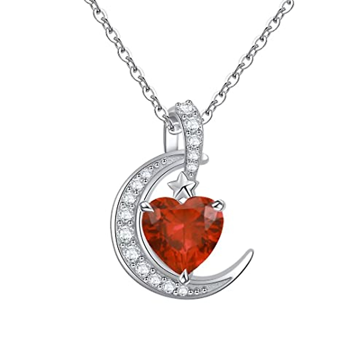 Qings Garnet January Birthstone Necklace - Red Heart Necklaces Crescent Moon S925 Family Birthstones Jewelry for Women Daughter