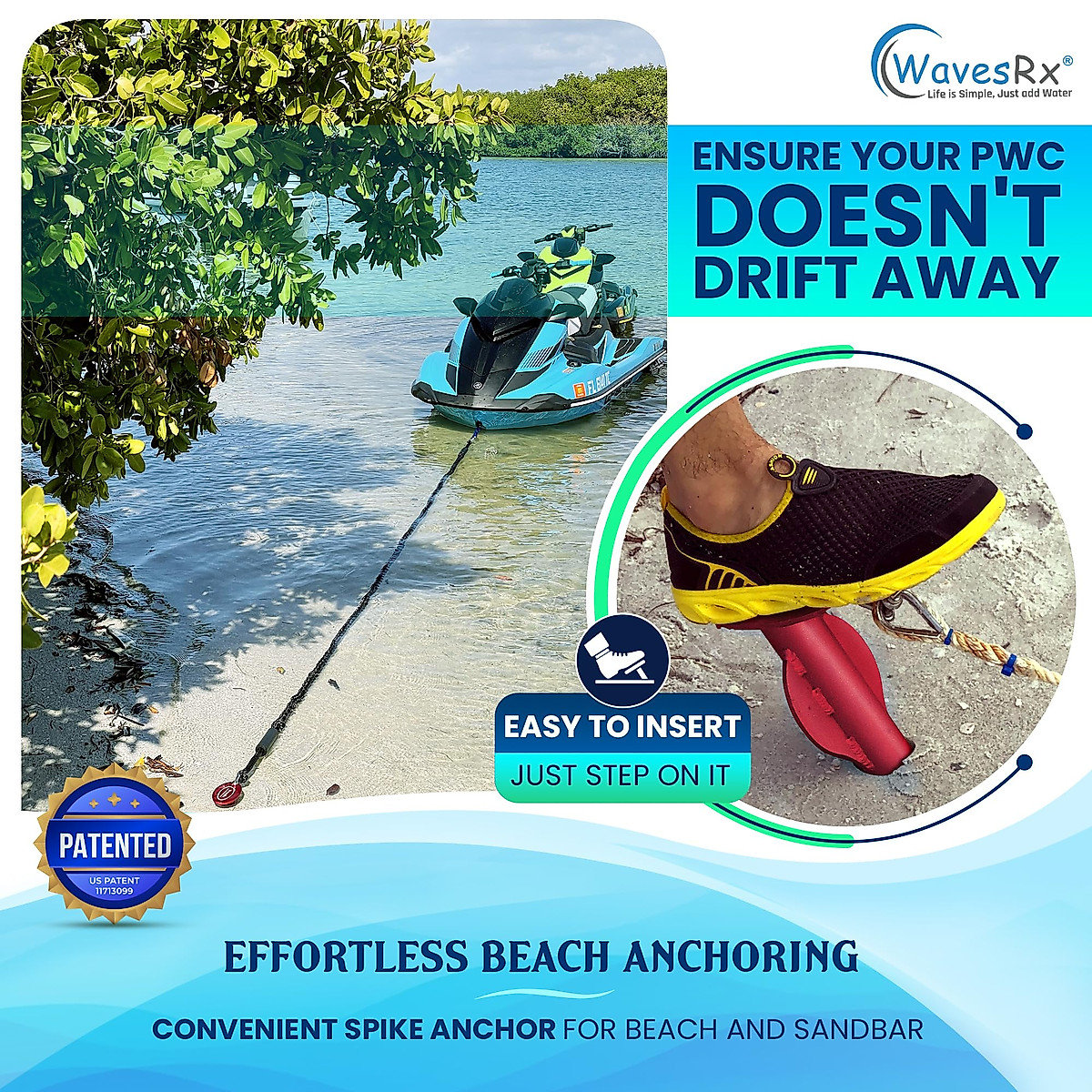 WAVESRX 12" Aluminum Sand Spike Beach Anchor - WaveCobra | Keeps Your Watercraft Securely Anchored Near Shore, Sandbar or in Shallow Water | Ultra Light Patent Pending Design for Jet Ski & Small PWC