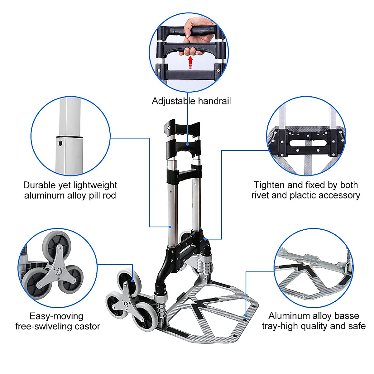 Double Rhombus Stair Climbing Cart Portable Folding Hand Truck, 330 LBS Capacity Aluminium Trolley with 3-Level Height Adjustable Telescoping Handle, 6 Rubber Wheels, 2 Bungee Cords, All Terrain