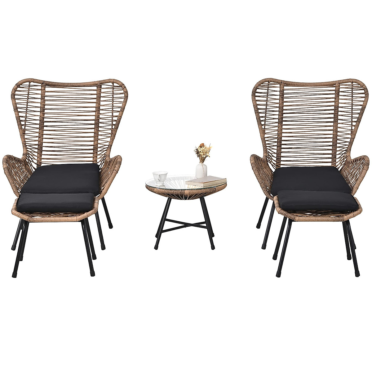 Merax Dark Gray 5-Piece Outdoor Patio Rattan Bistro Set, All-Weather PE Wicker Arm Stools and Glass Tea Balcony, Porch Yard Natural, 2 Chairs + 1 Table