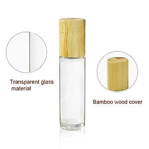 6 Count 10ml Bamboo Roll On Bottle For Essential Oils,Clear Glass Bottle With Natural Bamboo Lid,Portable Massage Stainless Steel Roller Ball Glass Vial Aromatherapy travel Perfumes Bottles