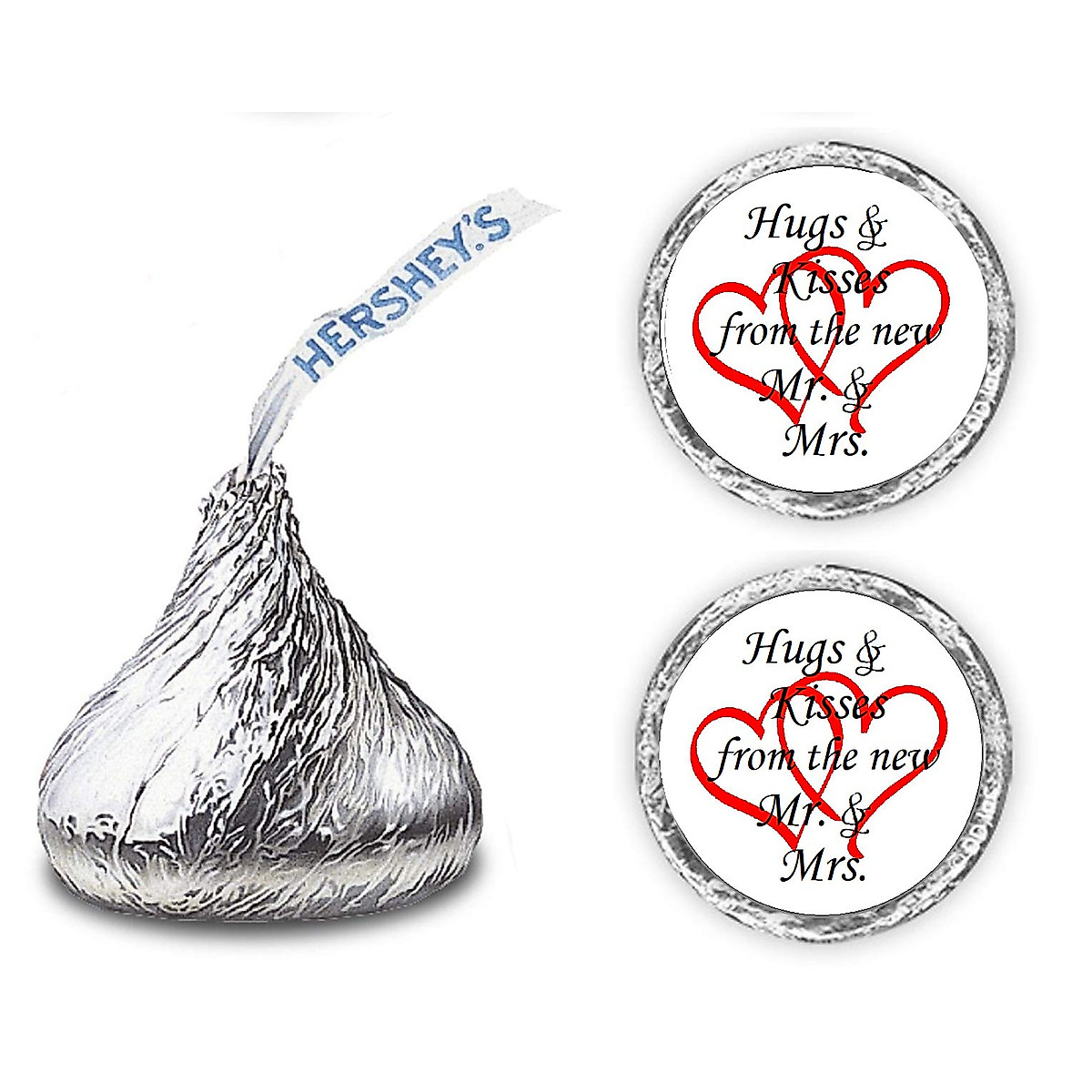 324 Hugs and Kisses from The new Mr. & Mrs. with Interlocking Hearts Wedding Stickers, Chocolate Drops Labels for Bridal Shower Engagement Party Decorations, Favors Decor for Kiss (Red)