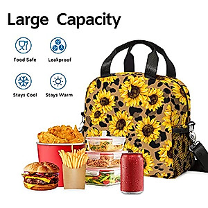 Rcekvoh Sunflower Leopard Cow Print Insulated Lunch Bag Women Girls Waterproof Lunch Box Freezable Lunch Tote Bag for Work Picnic with Adjustable Shoulder Strap Mesh Pocket