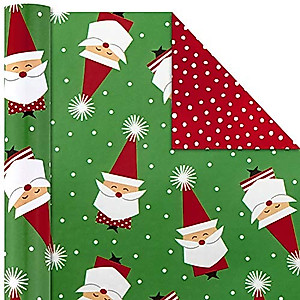 Hallmark Reversible Christmas Wrapping Paper (2 Rolls, 60 sq. ft. ttl) Modern Santa, Retro Christmas Trees, Stripes