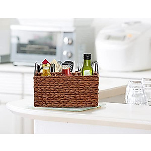 Americanflat Water Hyacinth Basket with Handles - Multipurpose Storage Organizer Caddy - 1 Large and 3 Small Compartments (Walnut Color)