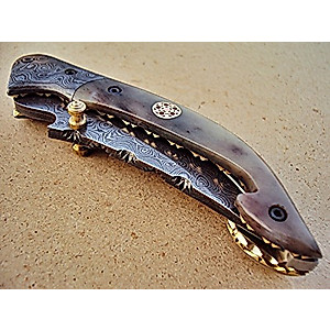 Limited Edition - FNA-32 Custom Handmade Damascus Steel Folding Knife - Beautiful Camel Bone Handle with Damascus Steel Bolsters