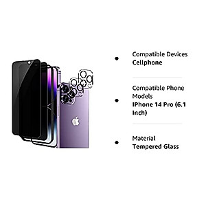 YMHML 2 Pack iPhone 14 Pro Privacy Screen Protector + 2 Pack iPhone 14 Pro Camera Lens Protector, Anti Spy Tempered Glass Privacy Screen for iPhone 14 Pro (6.1 Inch), Bubble Free Easy Installation