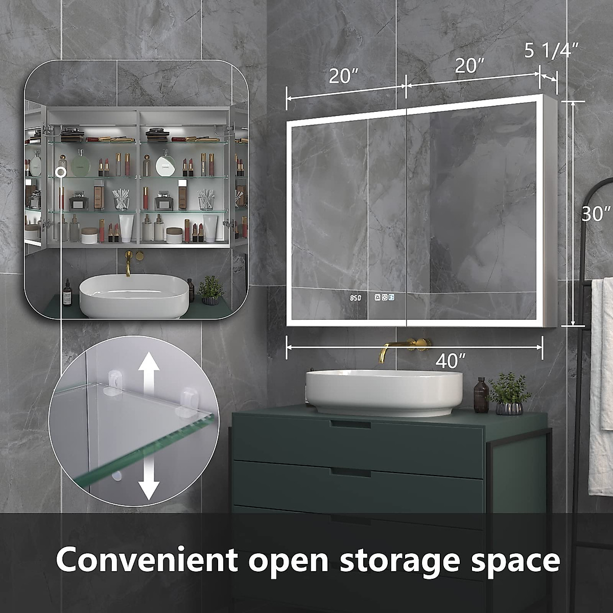 ExBrite Lighted Medicine Cabinet 40x30 Inch,Recessed or Surface led Medicine Cabinet, Clock&Room Temp Display,Defog,Stepless Dimming,Medicine Cabinet with Lights 3-Color Temper Chang, Outlets & USBs
