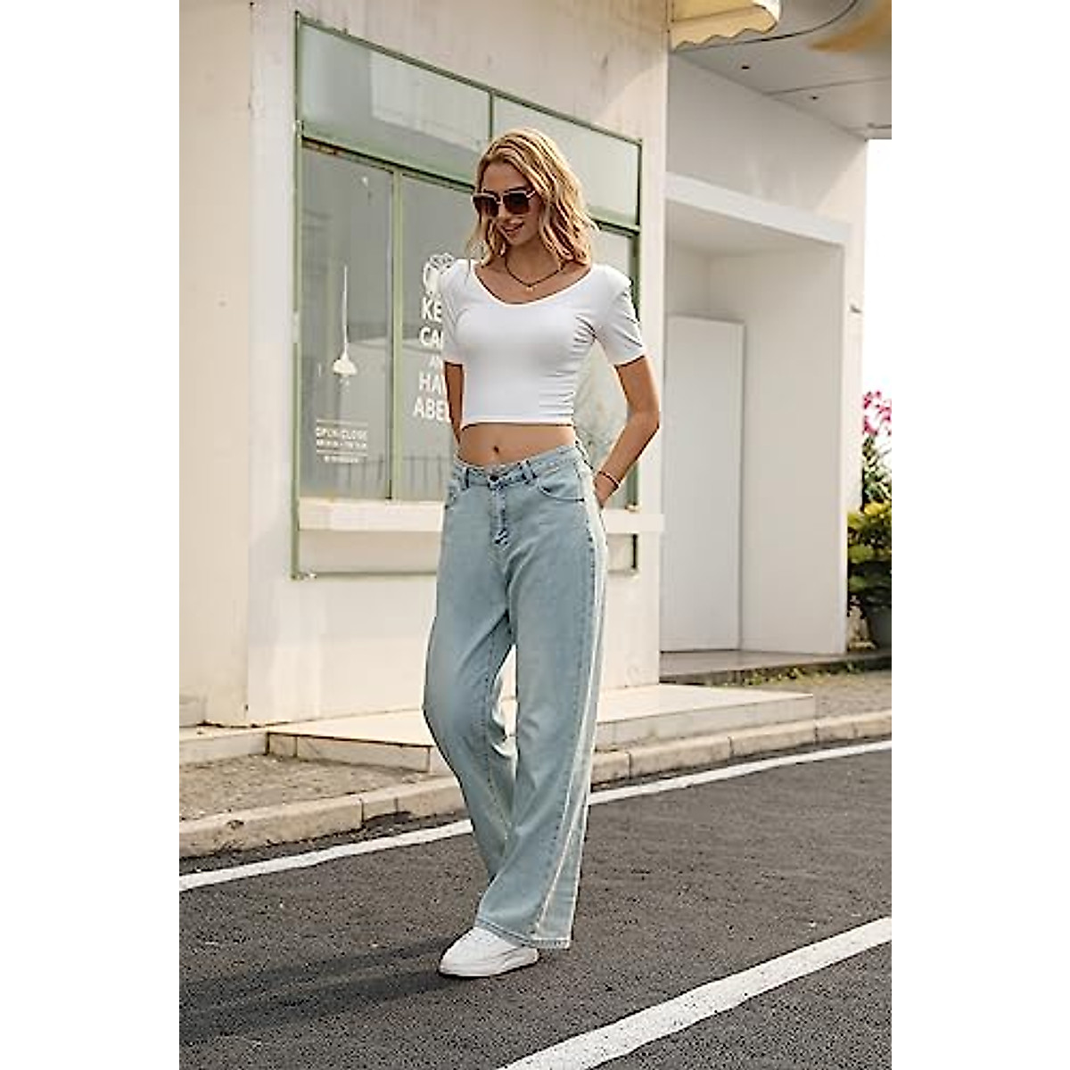 GIISAM Women's Baggy Jeans Disstressed Destroyed Vintage Pants Loose Wide-Leg High Waist Light Blue Denim Trousers