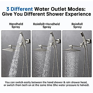 G-Promise All Metal 8" Dual Square Shower Head Combo | Rain Shower Head | Handheld Shower Wand | Adjustable | Smooth 3-Way Diverter | 71" Extra Long Hose - A Bathroom Upgrade (Brushed Nickel)