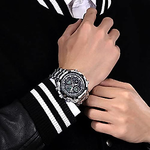 GOLDEN HOUR Luxury Stainless Steel Analog Digital Watches for Men Male Outdoor Sport Waterproof Big Heavy Wristwatch (Silver Black)