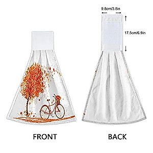 2 Pack Fall Maple Tree Bike Hanging Kitchen Towel with Loop Romantic Autumn Bicycle Hand Towels Soft Microfiber Coral Velvet Dish Towel for Bathroom Washcloth Absorbent Tie Towel