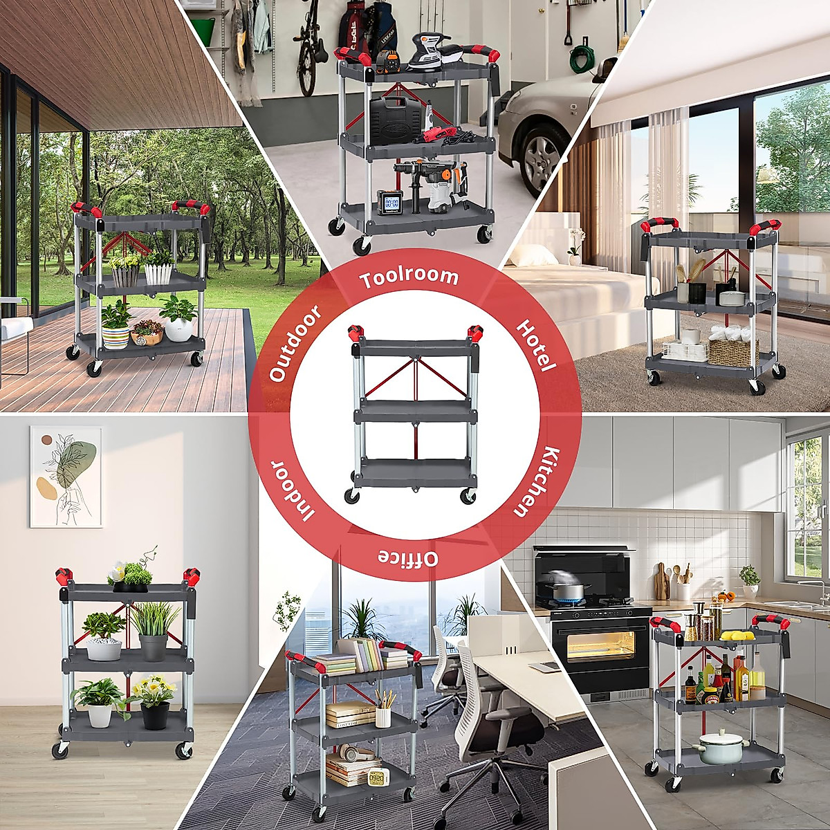 Towallmark Portable Folding Service Cart, 3 Tier Folding Utility Cart, Collapsible Utility Carts for Office, Warehouse, and Home, 56 Lbs Load Capacity per Shelf (Grey & Red)
