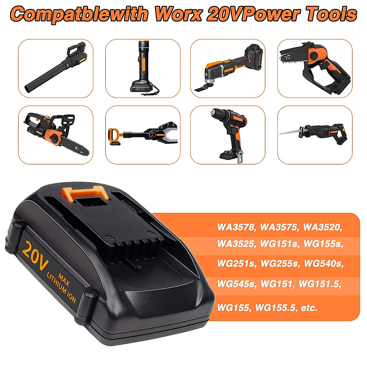 DTK 20V 3.5Ah Battery Replacement for Worx 20V Battery WA3525 WA3578 WA3575 WA3520 20 Volt WA3520 WG151s WG155s WG251s WG255s WG540s WG545s WG890 WG891 Cordless Tool Battery (2 Packs)